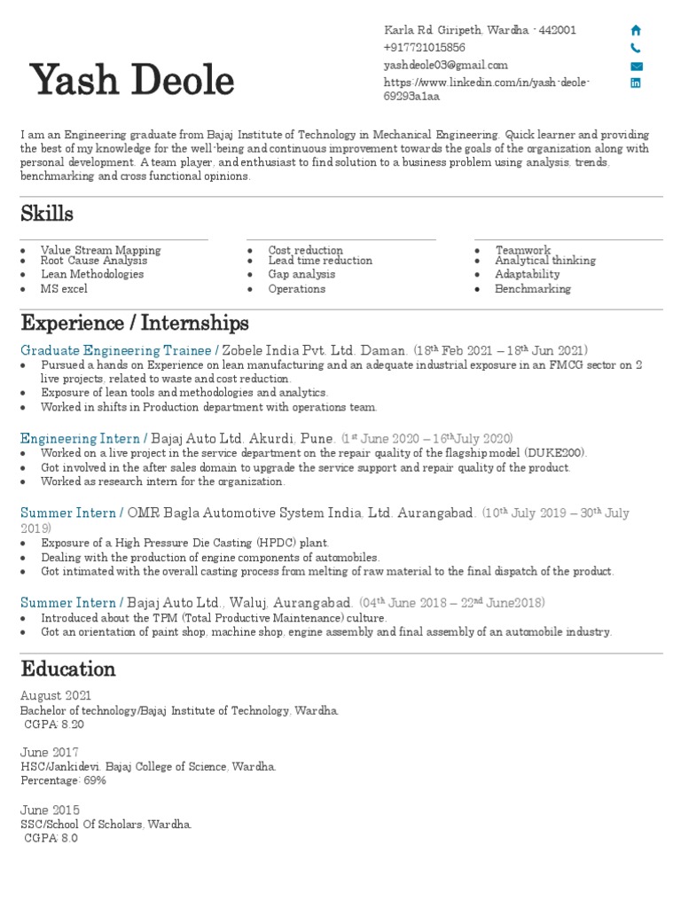 Yash Deole CV | PDF | Engineering
