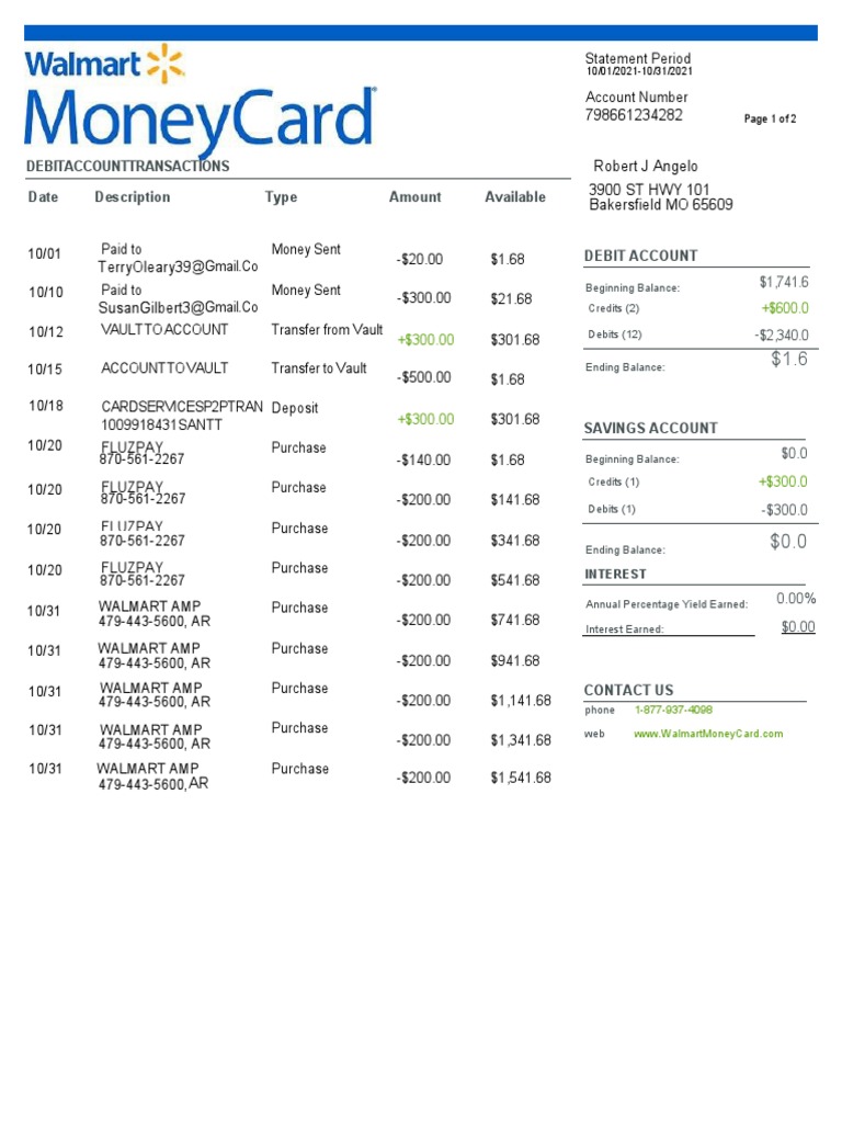 Walmart MoneyCard Statement Summary | PDF | Financial Transaction ...