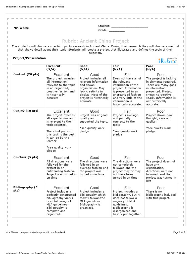 Ancient China Project Rubric | PDF | Rubric (Academic) | Information