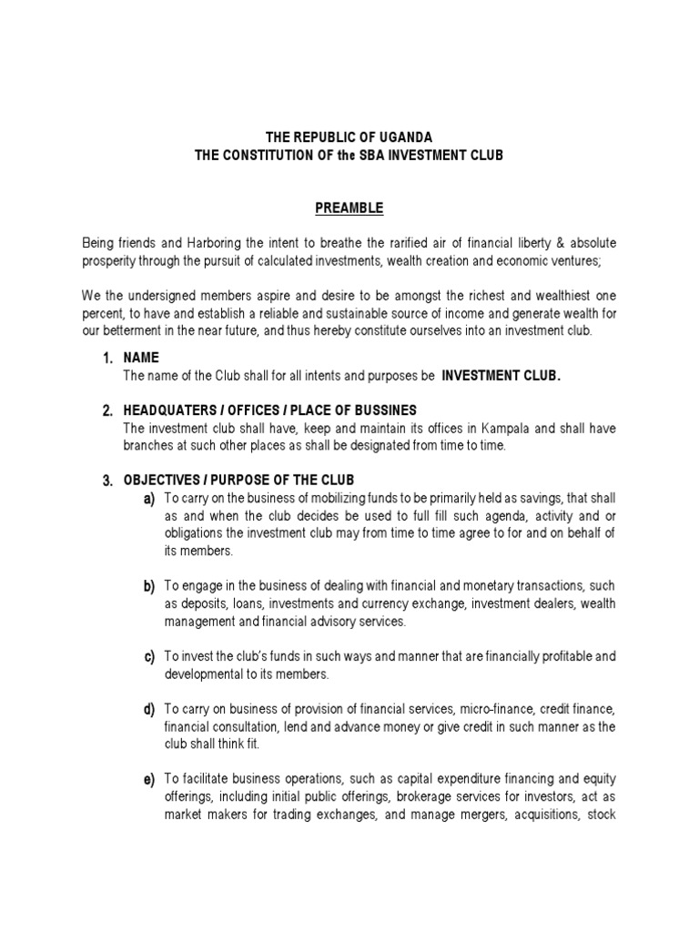 The Republic of Uganda The Constitution of The Sba Investment Club | PDF | Board Of Directors ...