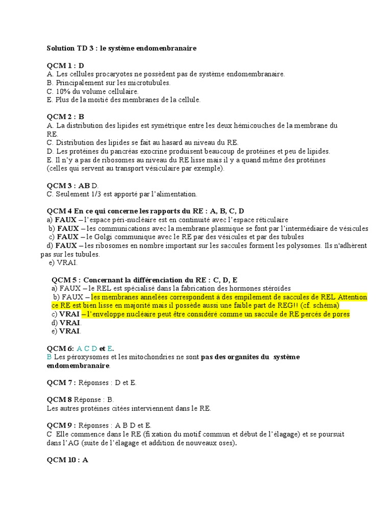 TD Solution SYSTEME ENDOMEMBRANAIRE | PDF | Membrane cellulaire | Histologie
