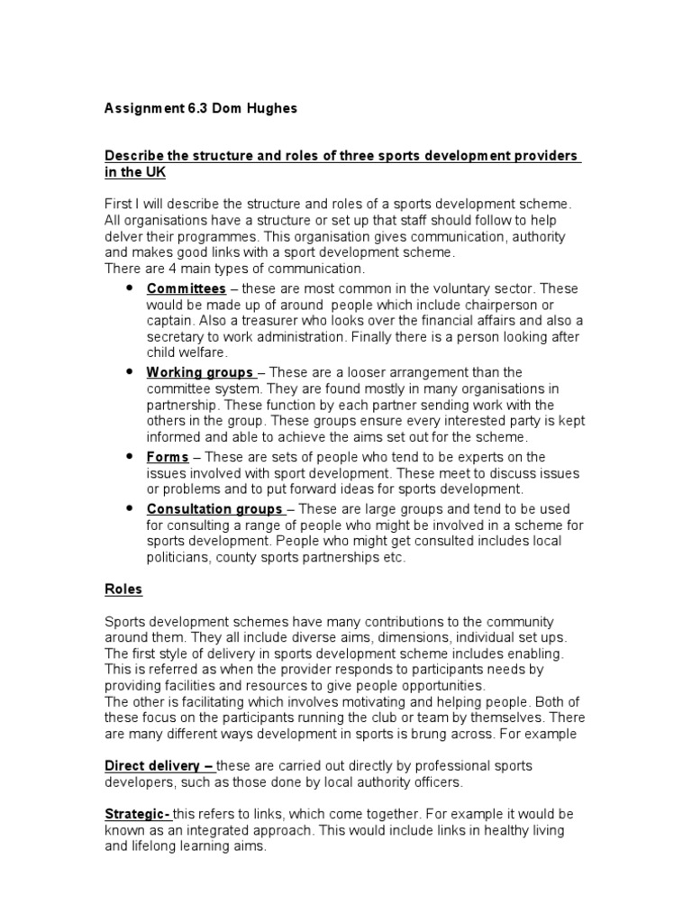 Describe The Structure and Roles of Three Sports Development Providers ...