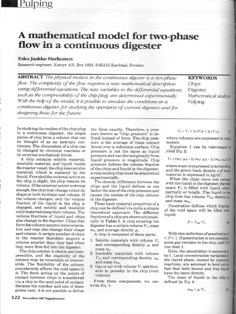 1987 - Paper - Mathematical Model For Two Phase Flow in A Continuous Digester (Harkonen Model) | PDF