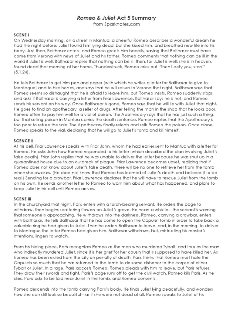 Romeo & Juliet Act 5 Summary: Scene I | Download Free PDF | Characters ...