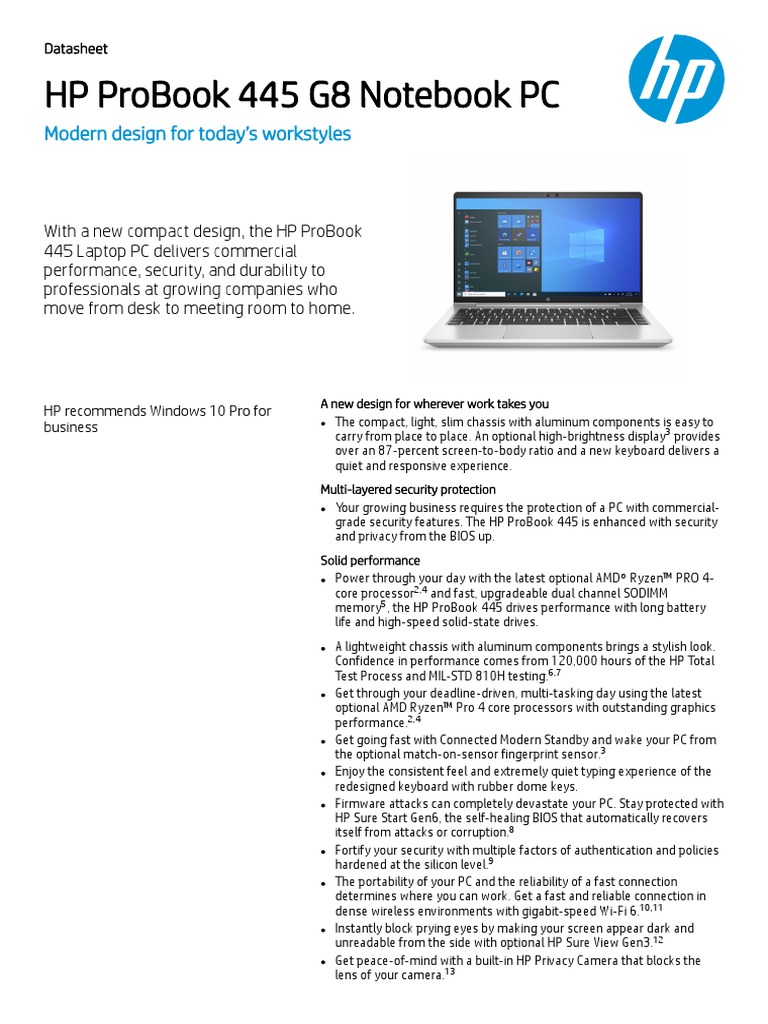 HP Probook 445 g8 Notebook PC Datasheet | PDF | Windows 10 | Microsoft Windows