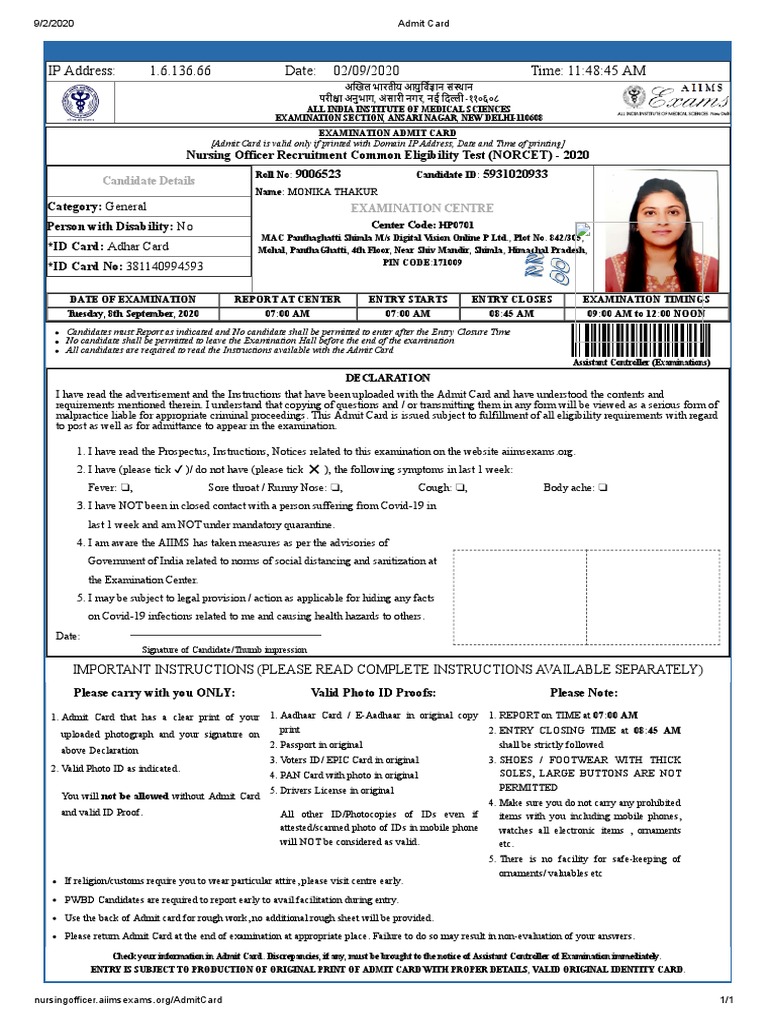Admit Card AIIMS | PDF | Identity Document | Government And Personhood