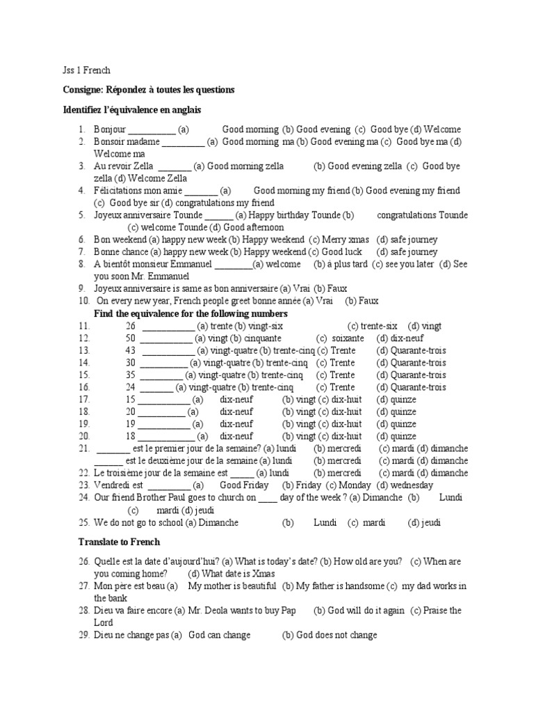 Questions de français pour JSS1 | PDF