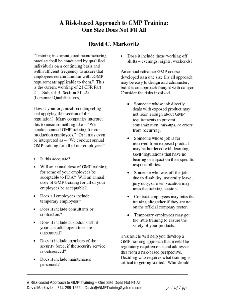 A Risk Based Approach To GMP Training | PDF | Employment | Risk