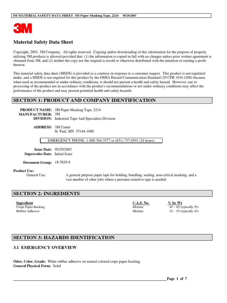 3M MATERIAL SAFETY DATA SHEET 3M Paper Masking Tape, 2214 | PDF ...