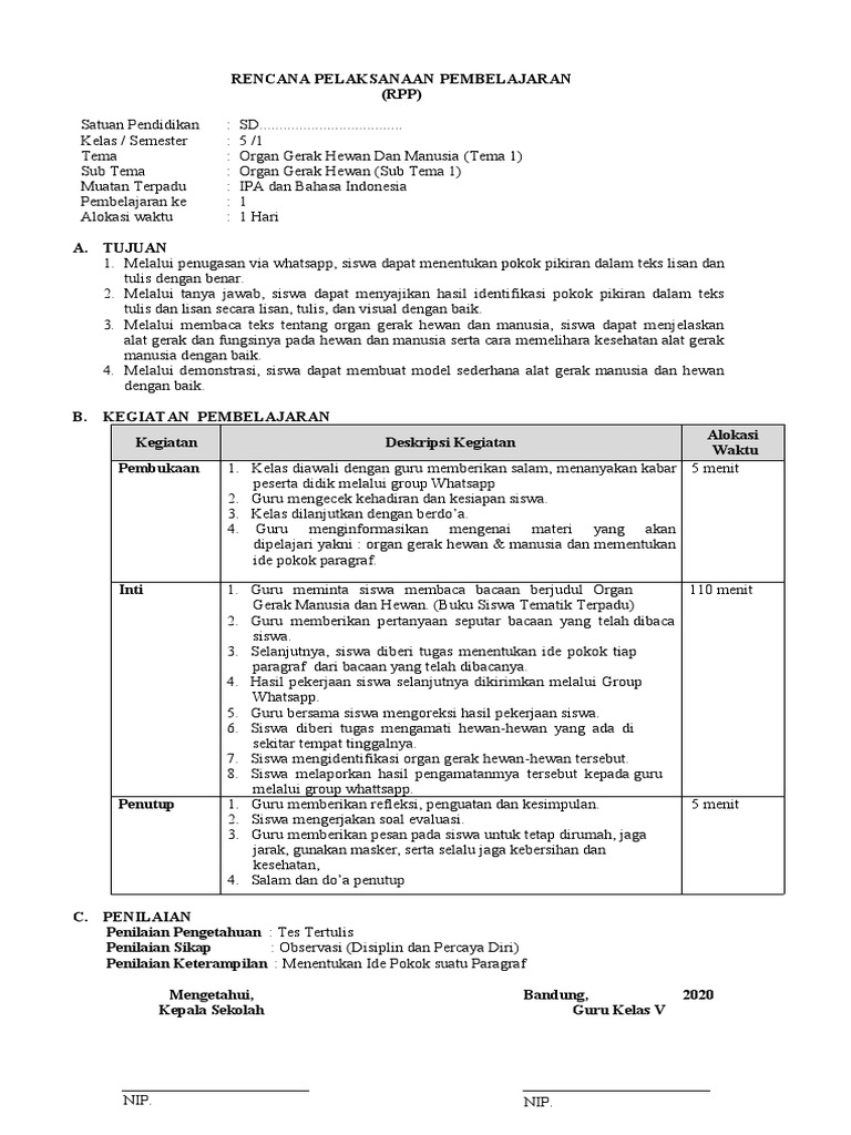 RPP Daring KLS 5 Tema 1 ST 1 | PDF