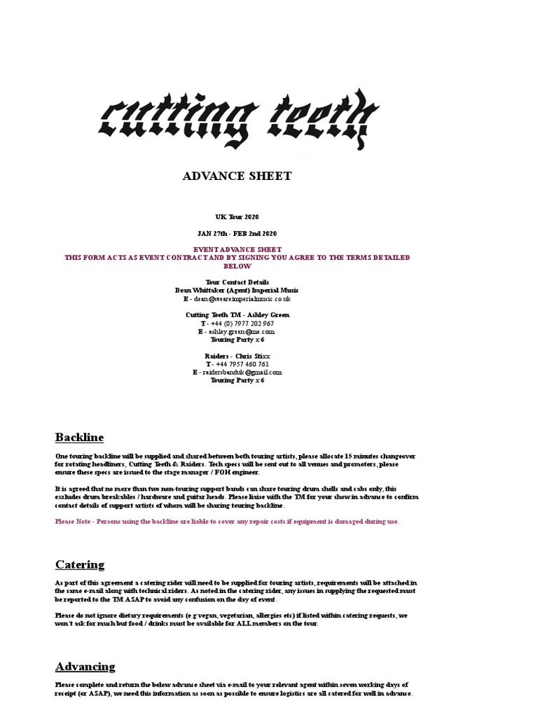 Advance Sheet: Event Advance Sheet This Form Acts As Event Contract and ...