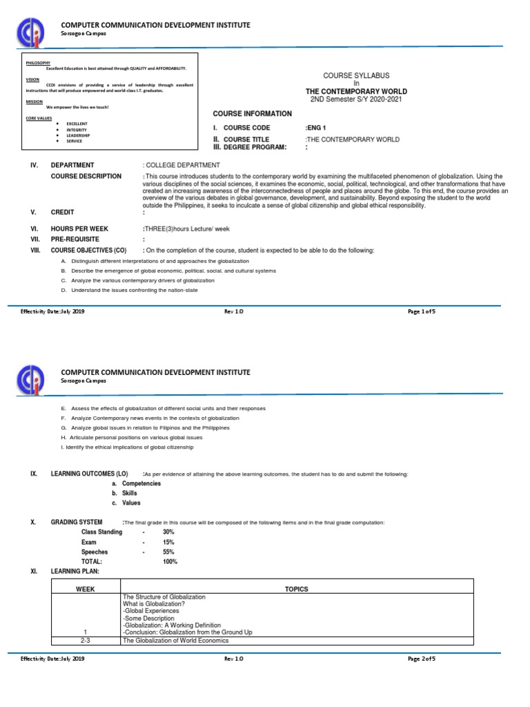 The Contemporary World Syllabus | PDF | Globalization | Sustainability