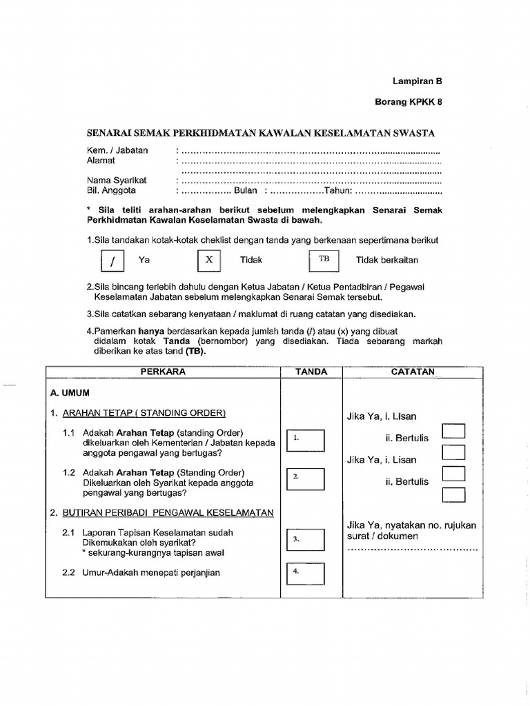 Borang KPKK 8 Senarai Semak Perkhidmatan Kawalan Keselamatan Swasta | PDF