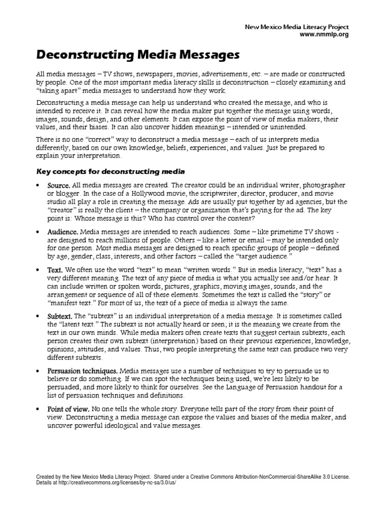 Deconstructing Media Messages Guide | PDF | Persuasion | Advertising