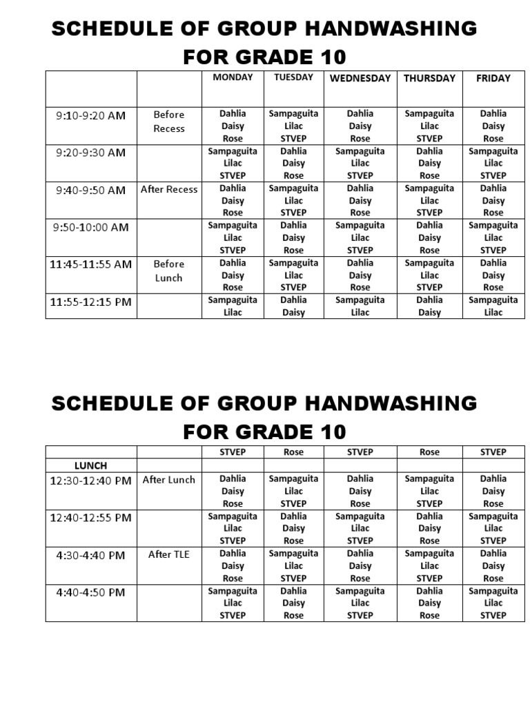 Schedule of Group Handwashing For Grade 10 | PDF