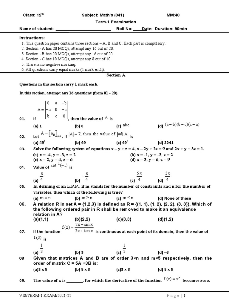 12th Maths Preboard-1 2021 | PDF | Mathematical Relations ...