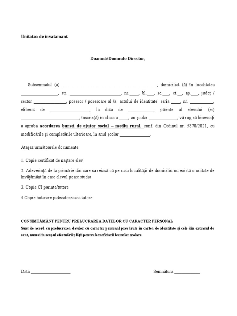 Anexa 9 - Model Cerere Bursă de Ajutor Social - Mediu Rural | PDF
