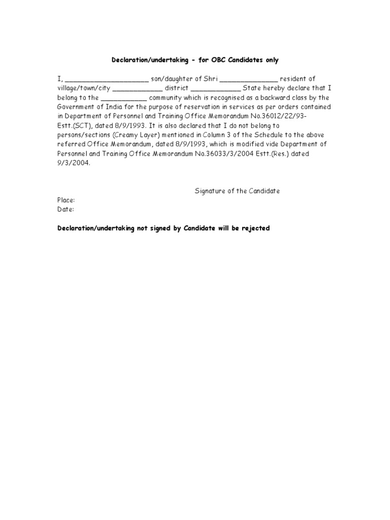 Obc Declaration Form Pdf Magistrate Politics Of India