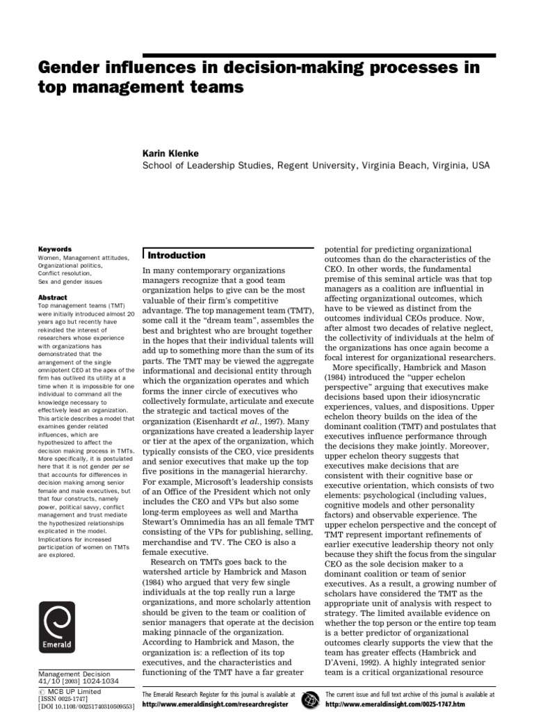 Gender Influences in Decision-Making Processes in Top Management Teams ...