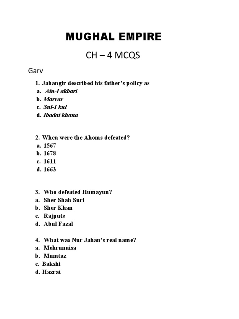 combined-MCQ - Mughal Empire | PDF | Mughal Empire | Timurid Dynasty