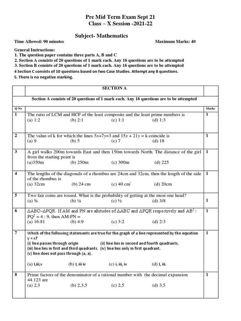 Class 10 Pre Mid Term | PDF | Triangle | Rational Number