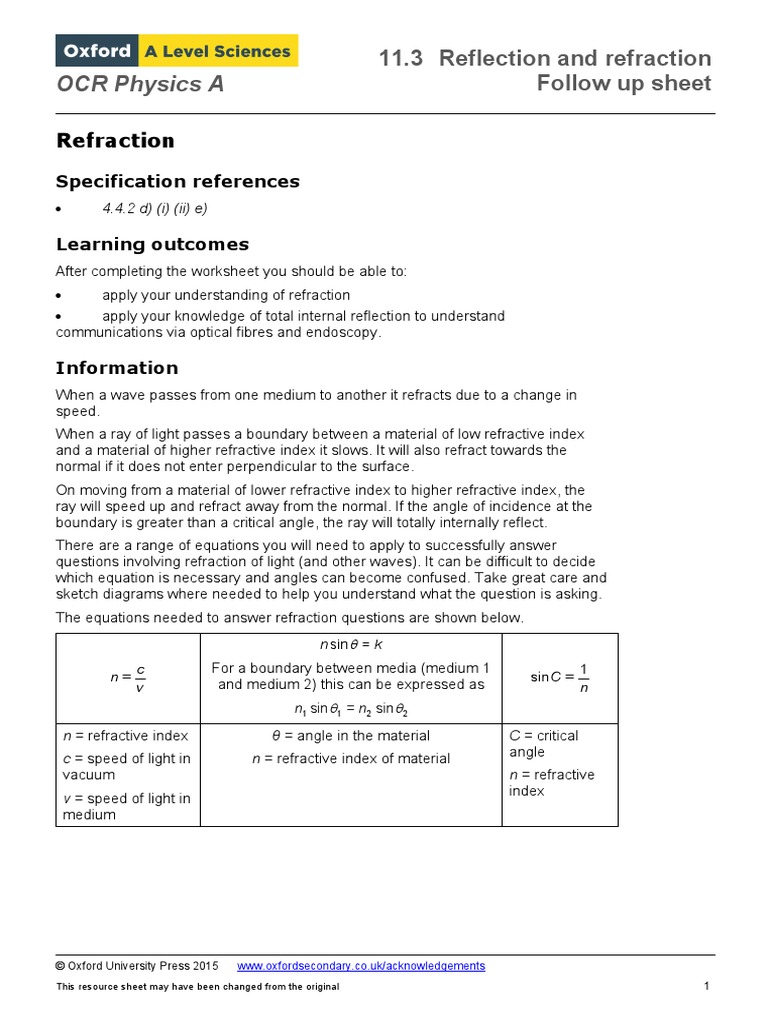 OCR Physics A: 11.3 Reflection and Refraction Follow Up Sheet | PDF ...