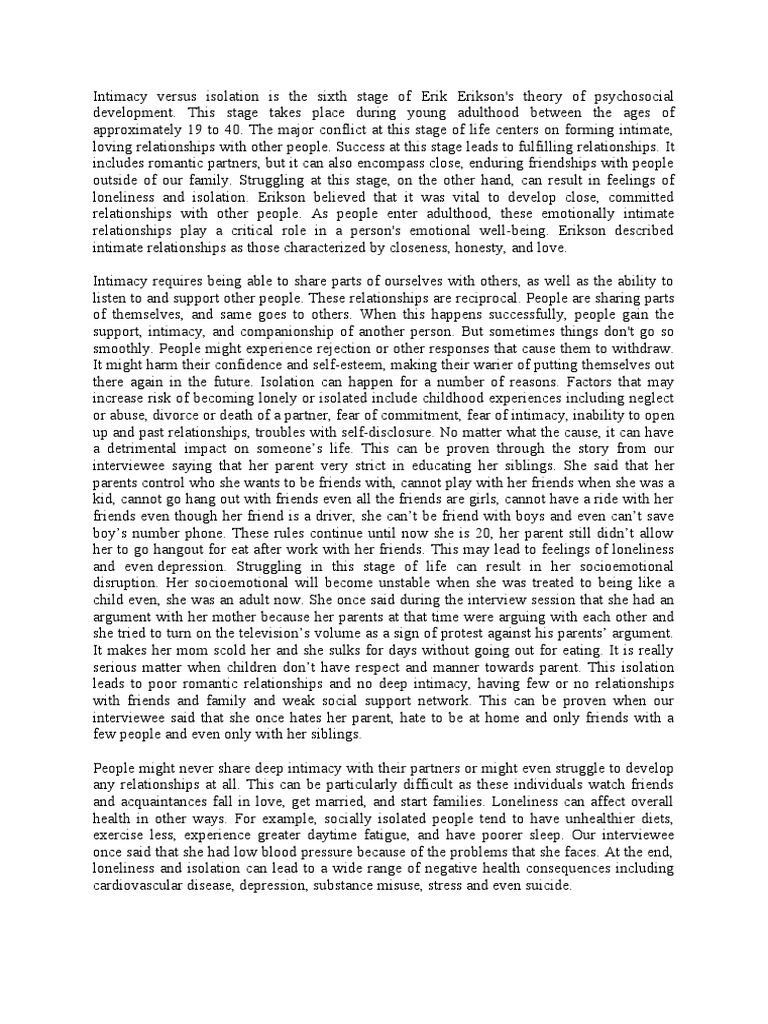 Intimacy Vs Isolation | PDF | Intimate Relationships | Loneliness