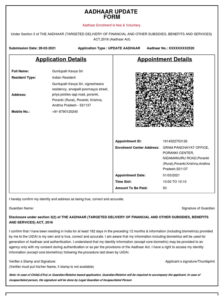 Aadhaar Update Form: Aadhaar Enrolment Is Free & Voluntary | Download Free PDF | Identity ...