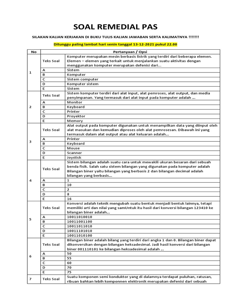 Soal Remedial Pas Siskom Kelas X | PDF