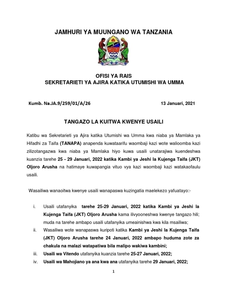 Tangazo La Kuitwa Kwenye Usaili Tanapa | PDF