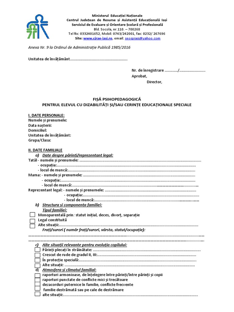 Fisa Psihopedagogica | PDF