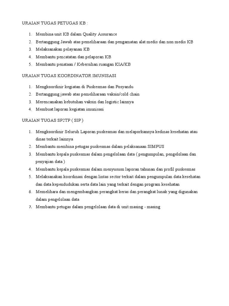 Uraian Tugas Petugas KB | PDF