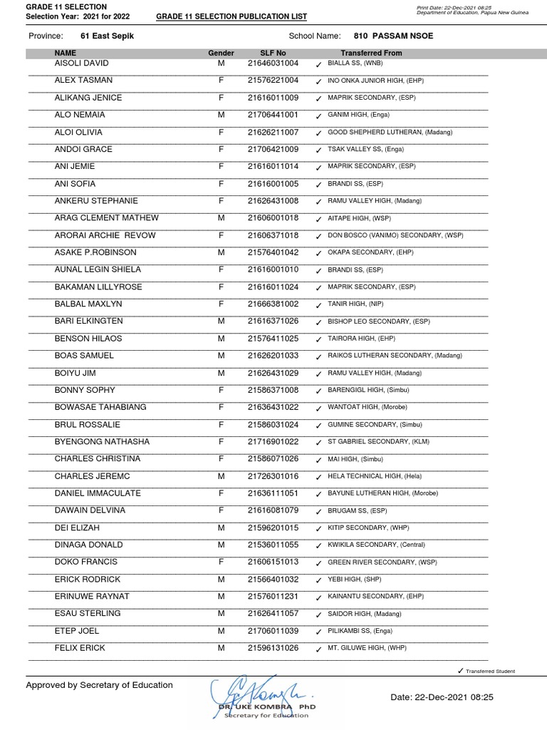 2022 Grade 11 Selected Lists NSOE Passam | PDF