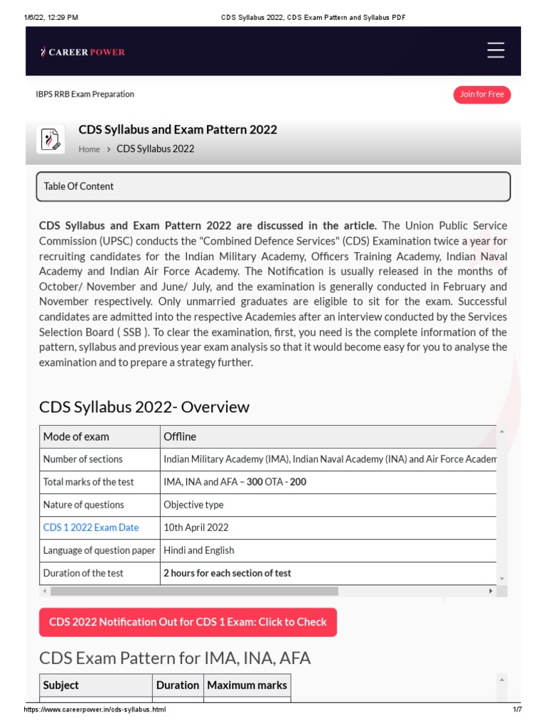 CDS Syllabus 2022, CDS Exam Pattern and Syllabus PDF | PDF ...