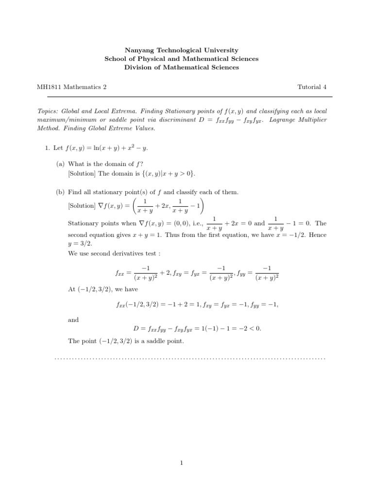 MH1811 Tutorial 4 MC 2020 Max Min Soln | PDF | Maxima And Minima | Geometry