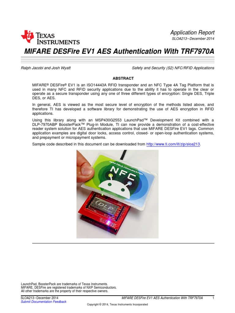 MIFARE DESFire EV1 AES Authentication With TRF7970A | PDF | Radio Frequency Identification ...