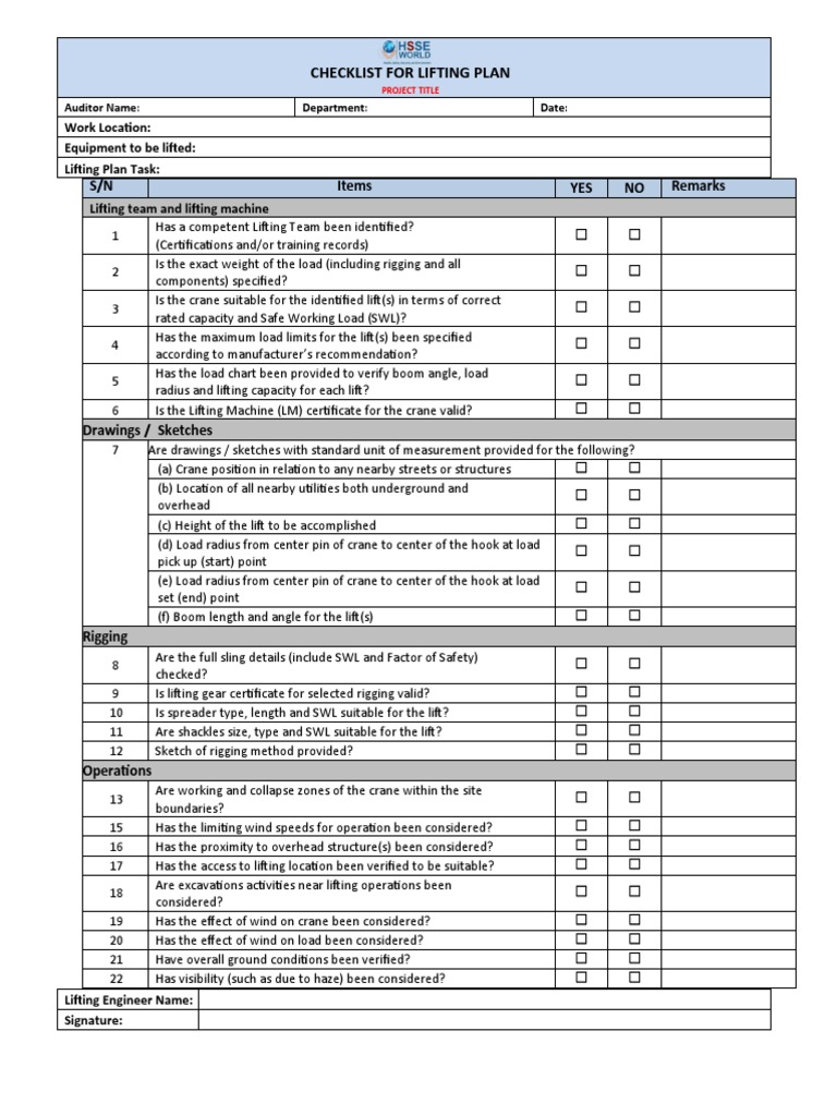 Checklist For Lifting Plan: S/N Items YES NO Remarks | PDF | Crane ...