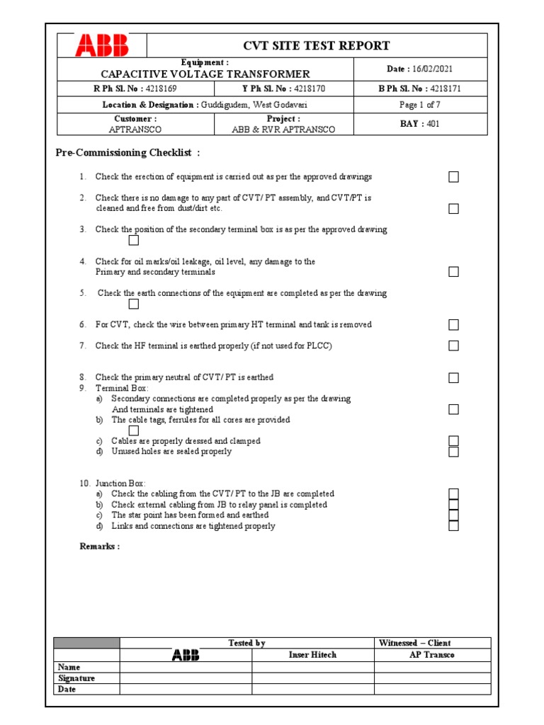 CVT Site Test Report: Capacitive Voltage Transformer | PDF ...