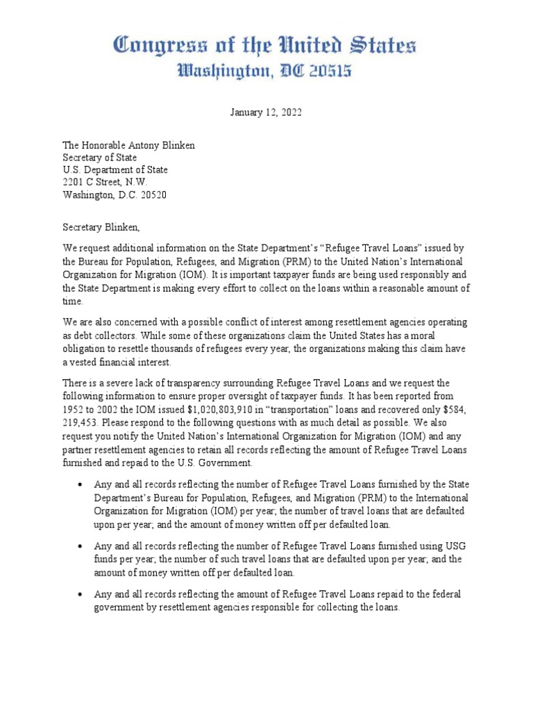 1.12 Letter To State Dept. On IOM Travel Loans | Download Free PDF ...