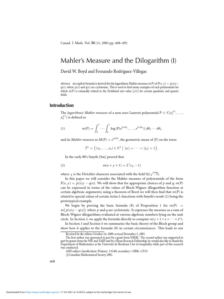 Mahler's Measure and The Dilogarithm (I) : David W. Boyd and Fernando Rodriguez-Villegas | PDF ...