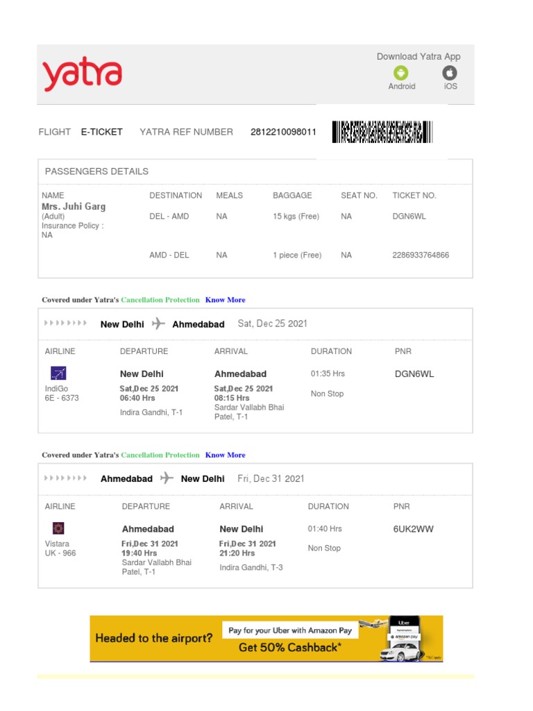 E-Ticket 2812210098011: Download Yatra App | PDF | Aviation | Transport