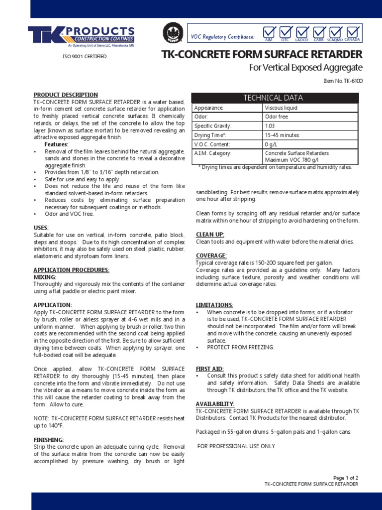 Tk-Concrete Form Surface Retarder: For Vertical Exposed Aggregate ...
