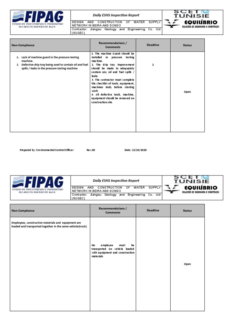 Daily ESHS Inspection Report: Non-Compliance Recommendations / Comments ...
