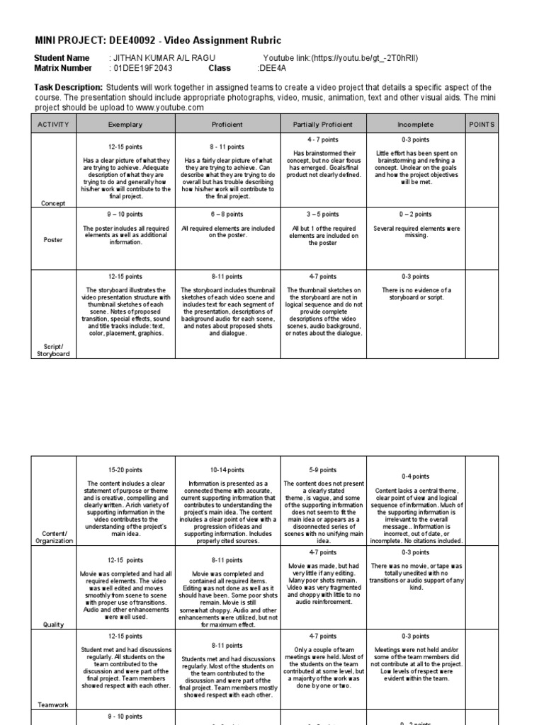 Video Assignment Rubric for DEE40092 | PDF | Cognition