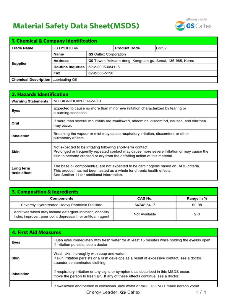 MSDS (E) - GS Hydro 46 | PDF | Firefighting | Water
