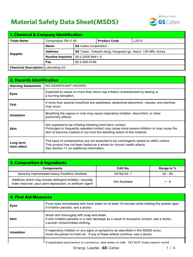 MSDS (E) - Compressor RA-X 46 | PDF | Firefighting | Water