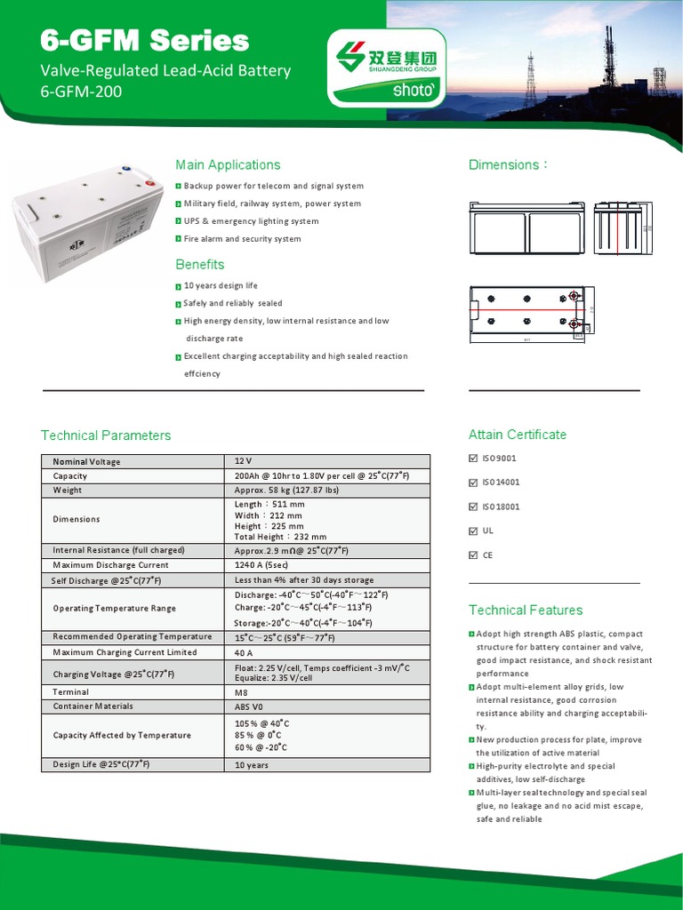 6-GFM Series: Valve-Regulated Lead-Acid Battery 6-GFM-200 | PDF ...