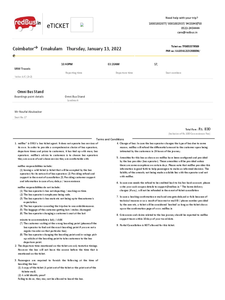 RedBus Ticket Format | PDF | Ticket (Admission) | Service Industries