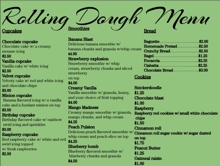 Rolling Dough Menu | PDF | Cakes | Snack Food