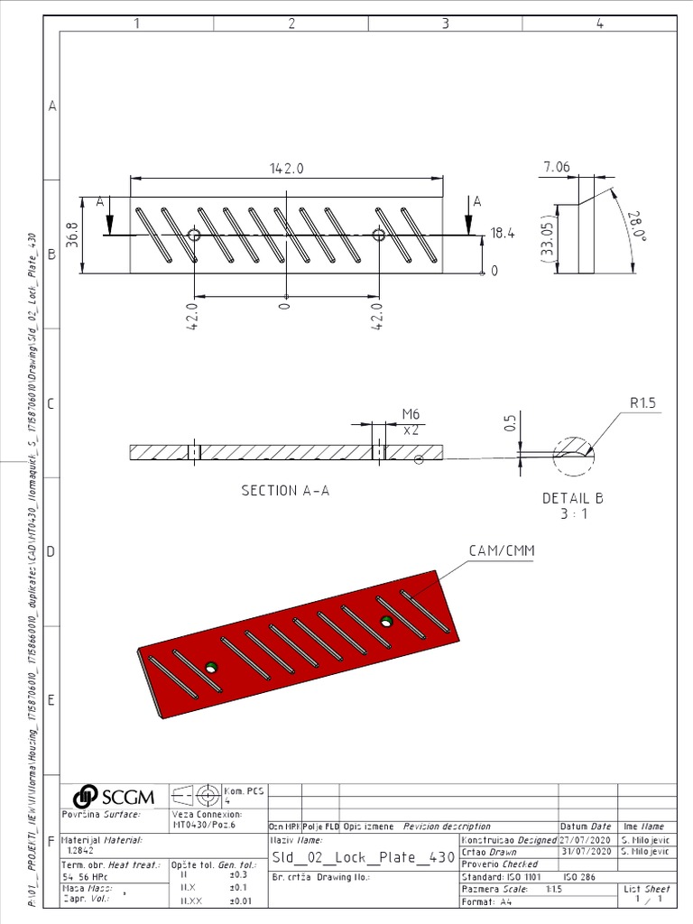 Lock Plate CAD Drawing with Dimensions and Tolerances | PDF